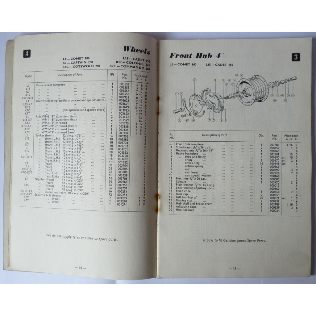 James Spare Parts List/Catalogue/Book for the 225cc Colonel Model K12 ...