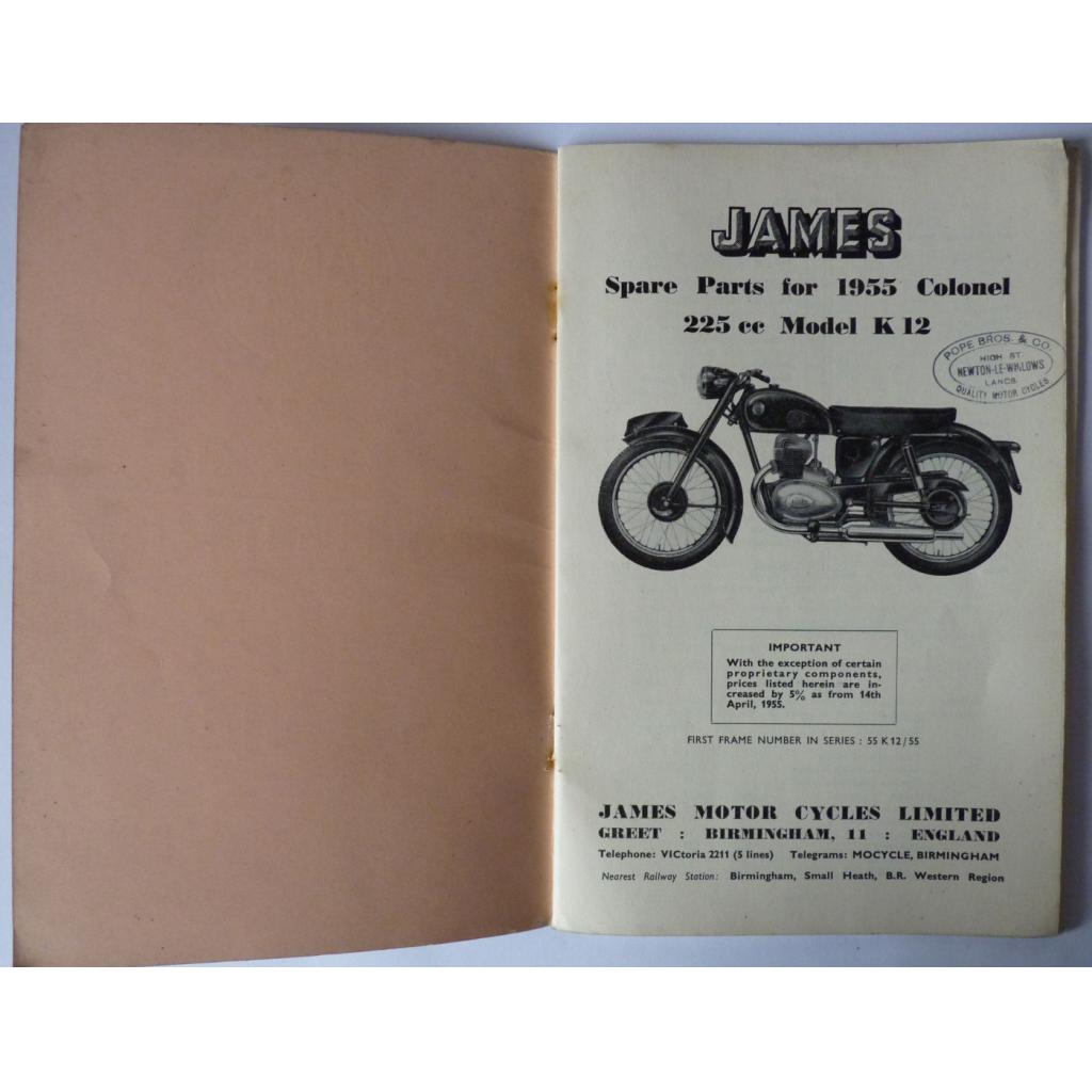 James Spare Parts List/Catalogue/Book for the 225cc Colonel Model K12 ...