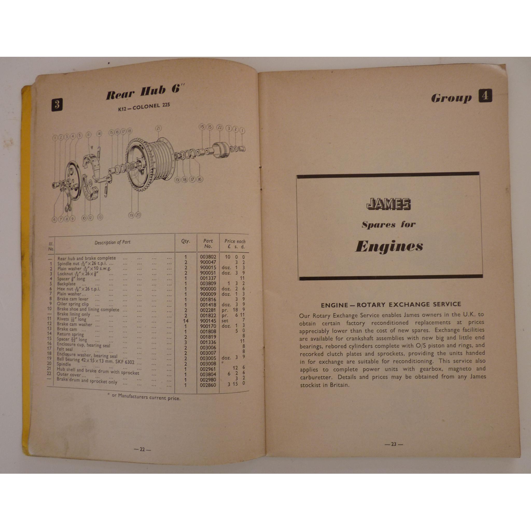 James Spare Parts List/Catalogue/Book for the 225cc Colonel Model K12 ...
