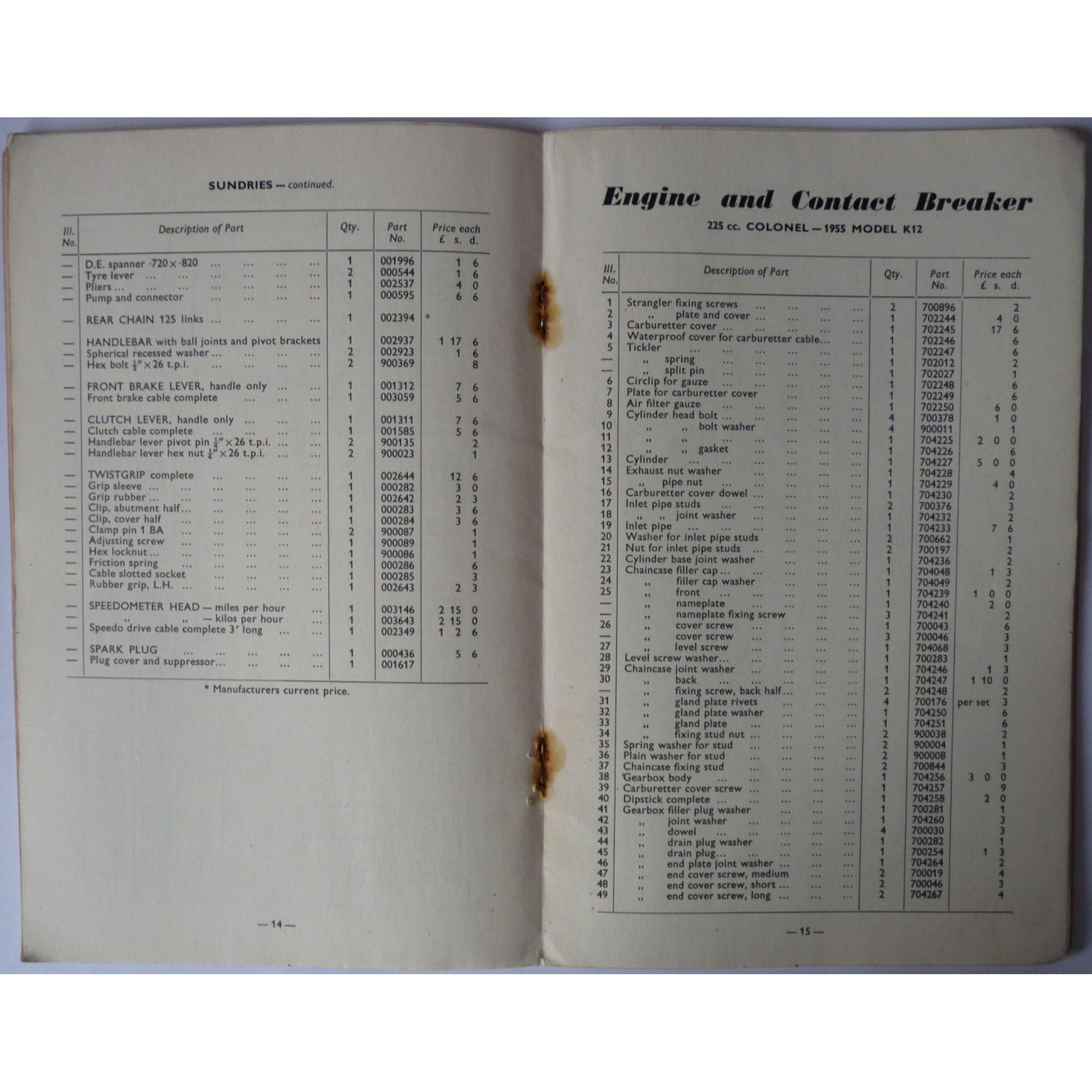 James Spare Parts List/Catalogue/Book for the 225cc Colonel Model K12 ...