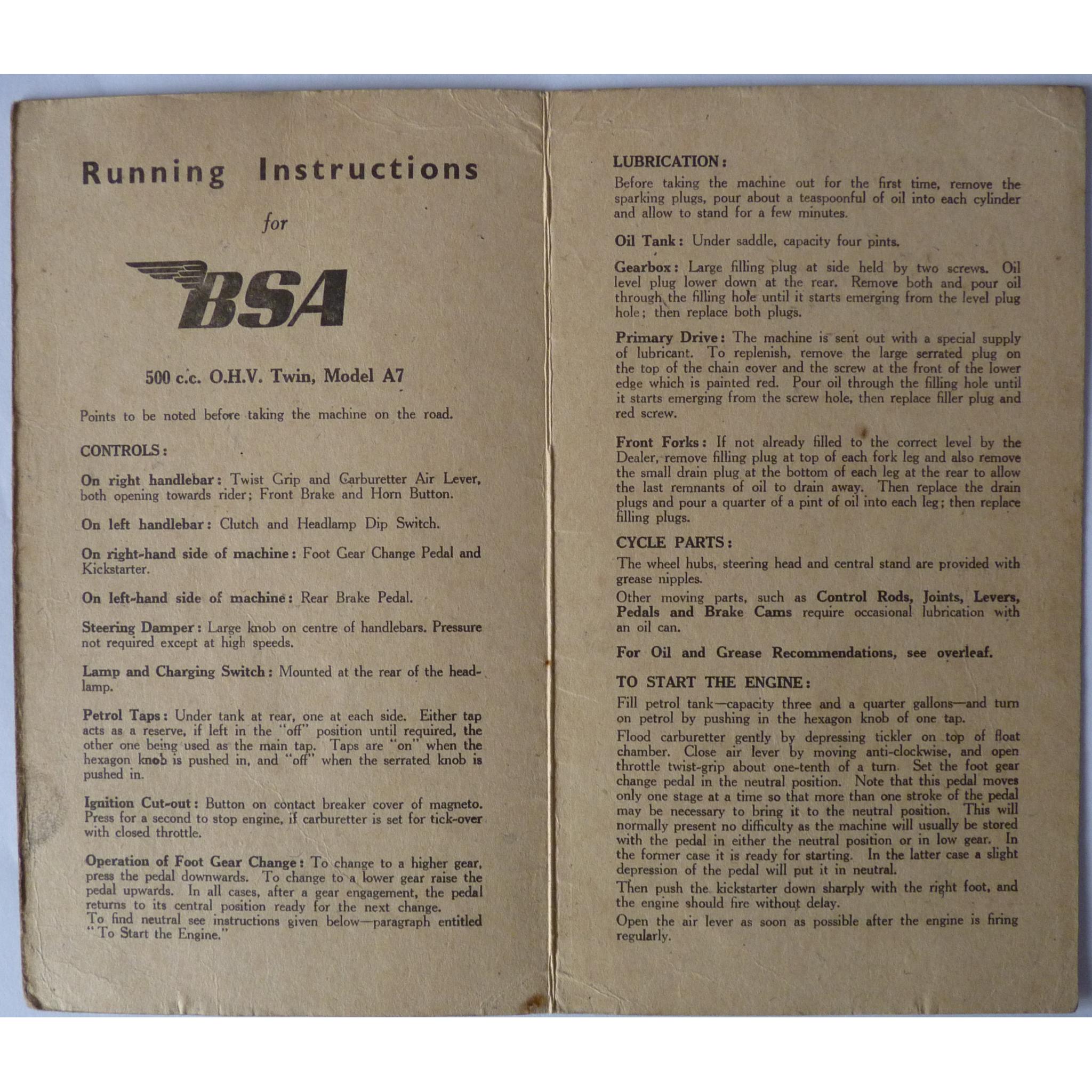 BSA A7 Running Instruction Card